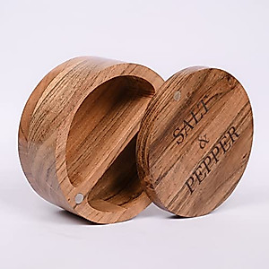 SAMHITA Acacia Wood Salt & Spice Box with Magnetic Swivel Lid, SALT & PEPPER" Engraved on Lid Seasoning Ingredients Storage Holder (4.75" x 4.75" x 2.5")