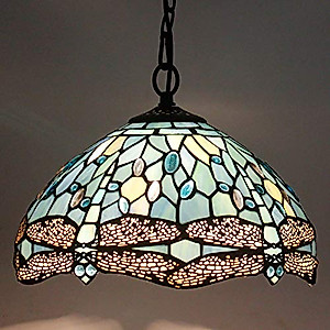 WERFACTORY Tiffany Lamp Shade Replacement 12X6 Inch Sea Blue Stained Glass Dragonfly Style Lampshade Only with Cap fit for Table lamp Pendant Light Ceiling Fixture (Part Not Included) S147 Series