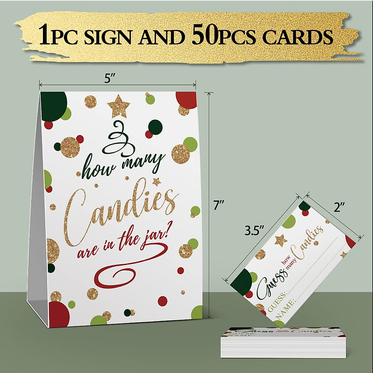 Guess How Many Candies are in the Jar Christmas Kit (1 Standing Sign + 50 Guessing Cards), Christmas Gold Red Green Baby Shower, Bridal Shower Decoration, Christmas Game Insert Ticket