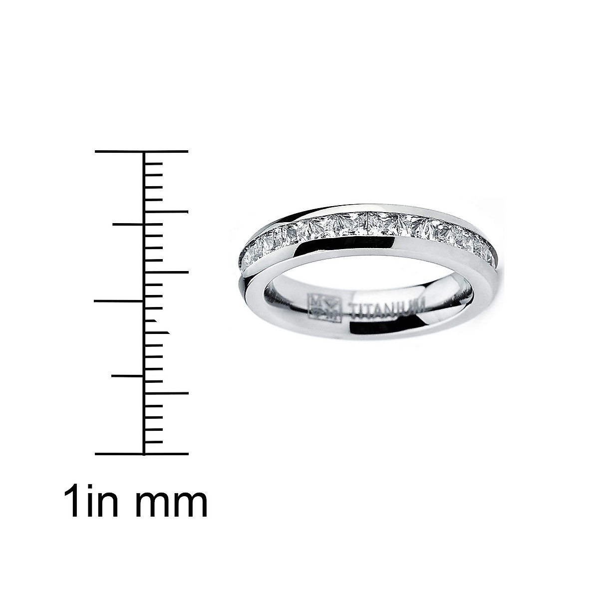 Metal Masters 3MM High Polish Princess Cut Ladies Eternity Titanium Ring Wedding Band with Cubic Zirconia CZ Size 7