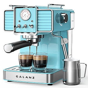 Galanz Retro Espresso Machine with Milk Frother, 15 Bar Pump Professional Cappuccino and Latte Machine, 1.5L Removable Water Tank, Retro Blue, 1350 W