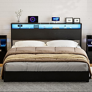 IKIFLY California King Size Storage Headboard with LED Lights & Charging Station - Industrial Metal and Wood Cal King Headboard Only for Bedroom, Attach Frame, Easy Assembly - Black