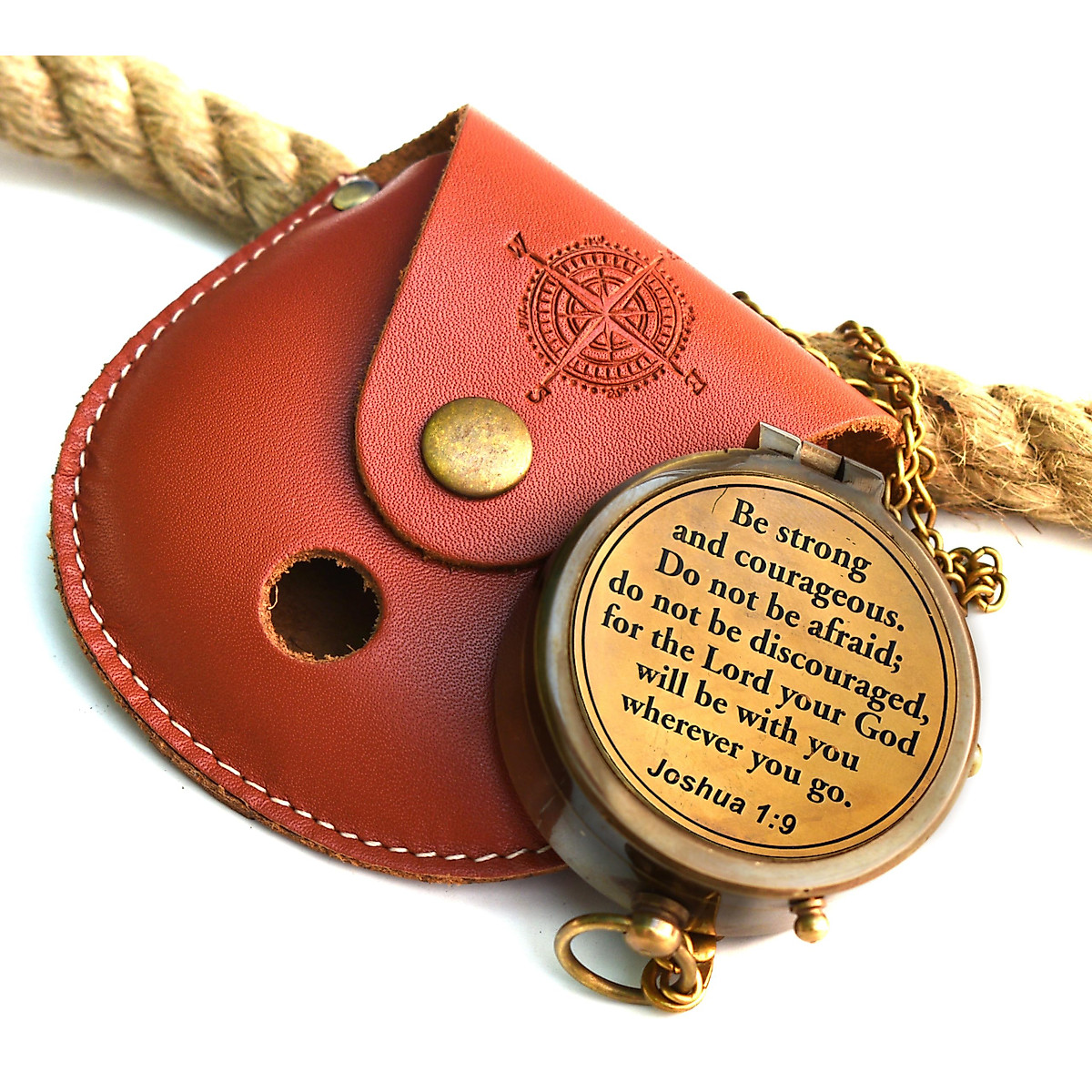 Be Strong and Courageous (Joshua 1:9) Brass Compass with wooden Box-Engraved Scripture Prayer Compass Religious Gift for Men & Women - Baptism, Confirmation, Communion Compass for Boys Graduation Gift