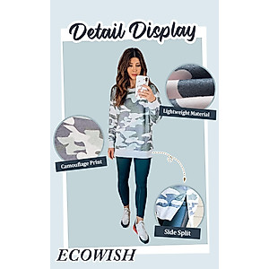 ECOWISH Women Side Split Sweatshirt: Fall Crewneck Long Sleeve Oversized Camo Shirts Casual Camouflage Print Pullover Tops 017 Gray Green M