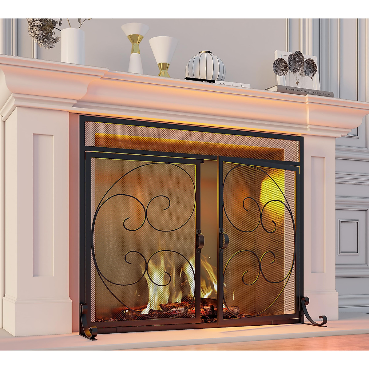 Fire Beauty Fireplace Screen with Magnetic Doors,Large Metal Fireplace Screen for Home,Spark Guard,Decorative Metal Furnace Fireguards,Baby Safe Spark Guard Protector,Black