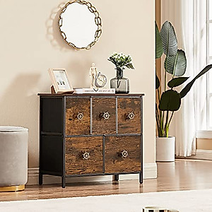 VECELO Bedroom with 5 Chest of Drawers for Living Room, Nursery, Entryway, Fabric Furniture Clothes Storage Tower with Steel, Wood Top, Small Dresser, Brown