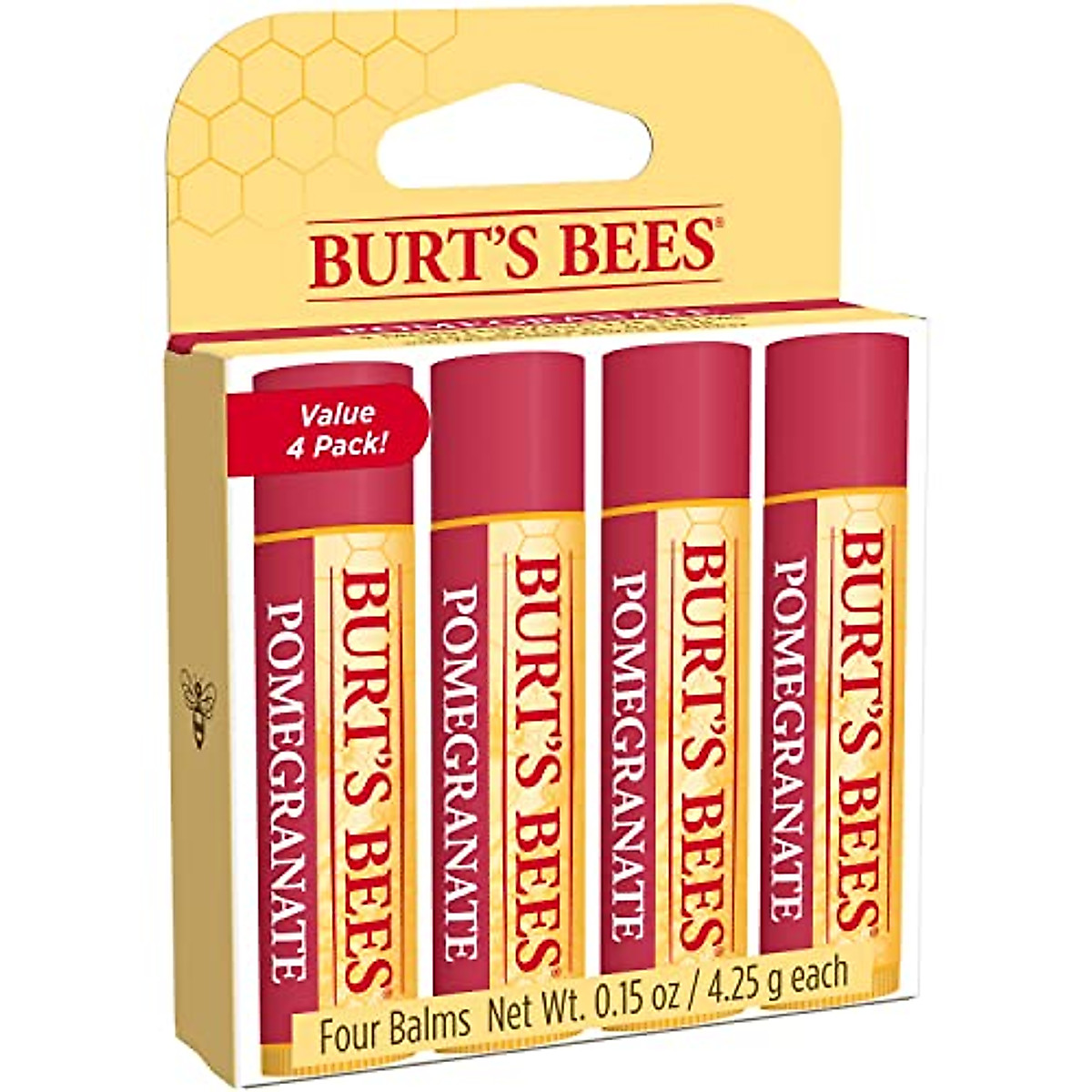 Burt's Bees Lip Balm - Pomegranate, Lip Moisturizer With Responsibly Sourced Beeswax, Tint-Free, Natural Origin Conditioning Treatment, 4 Tubes, 0.15 oz.