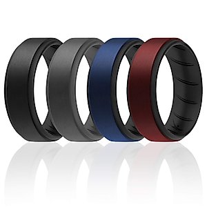 ROQ Silicone Rubber Wedding Ring for Men, Comfort Fit, Men's Wedding Band, Breathable Rubber Engagement Ring/Band, Step Edge, 8mm Wide 2mm Thick, 4 Pack, Black, Grey, Bordeaux, Dark Blue, Size 11