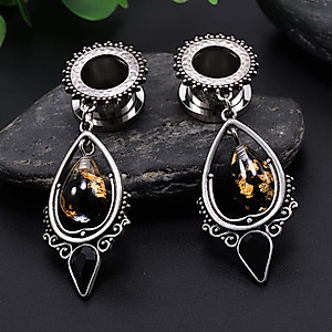 TBOSEN Stainless Steel Teardrop Black Obsidian Stone Large Dangle Bridal Plug Ear Gauges Stretching Tapers Screw Fit Tunnels (Gauge:00g(10mm))