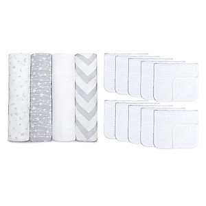 Comfy Cubs Muslin Burp Cloths 10 Pack and Muslin Swaddle Blankets Bundle