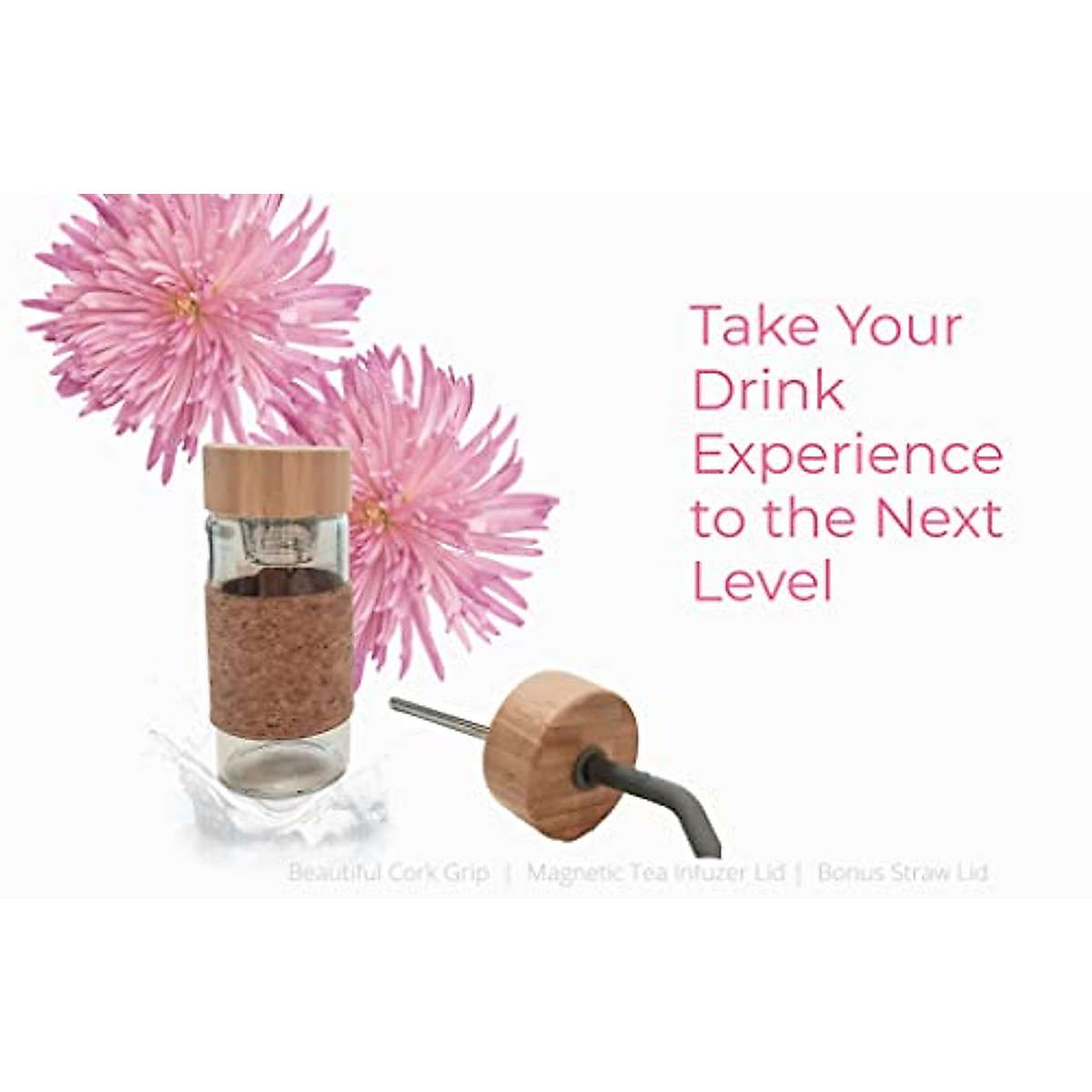 Miller Eclipse Cork Tea Infuzer Glass 12oz 350ml Iced Coffee Overnight Oats Dual-lid On the Go Stylish