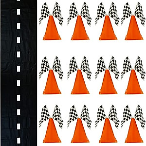 38 Pcs Set - 12 Traffic Cones With Hole on Top, 24 Checkered Flags, Racetrack Floor Runner - for For Race Car Birthday Party Supplies, Table Centerpiece Decorations for Kids by 4E's Novelty
