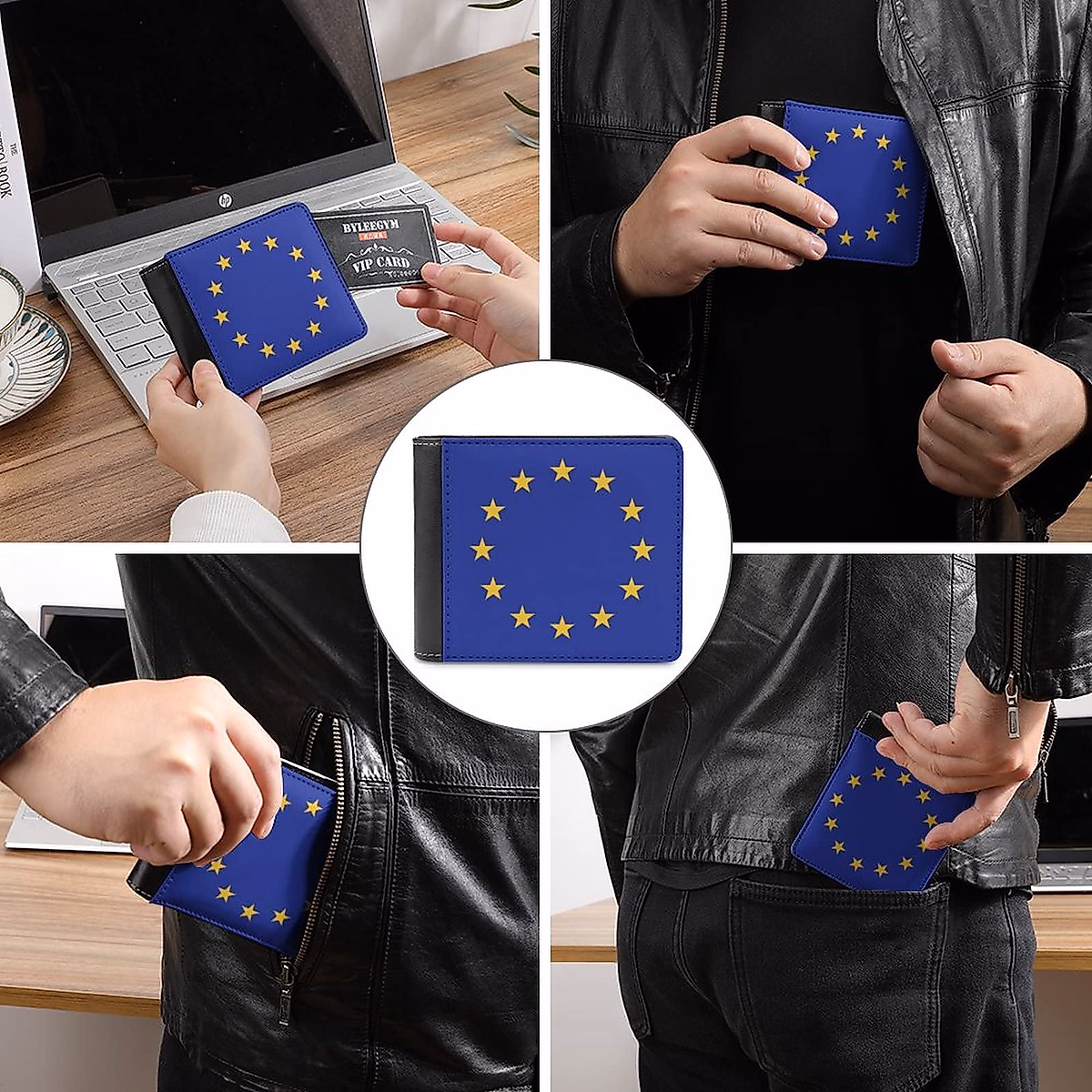 Mens Short Wallet European Union Flag Bifold Leather Wallets Purse Minimalist Card Holders Coin Purses