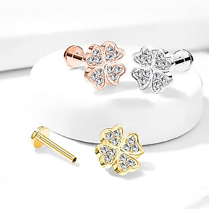 Crystal Four Leaf Clover Labret Cartilage Studs Earrings for Women Girls Men Unisex 361L Surgical Stainless Steel Love Heart Monroe Lip Rings Tragus Helix Stud Earring Fashion Medusa Piercing Jewelry Gifts 16G (Silver)