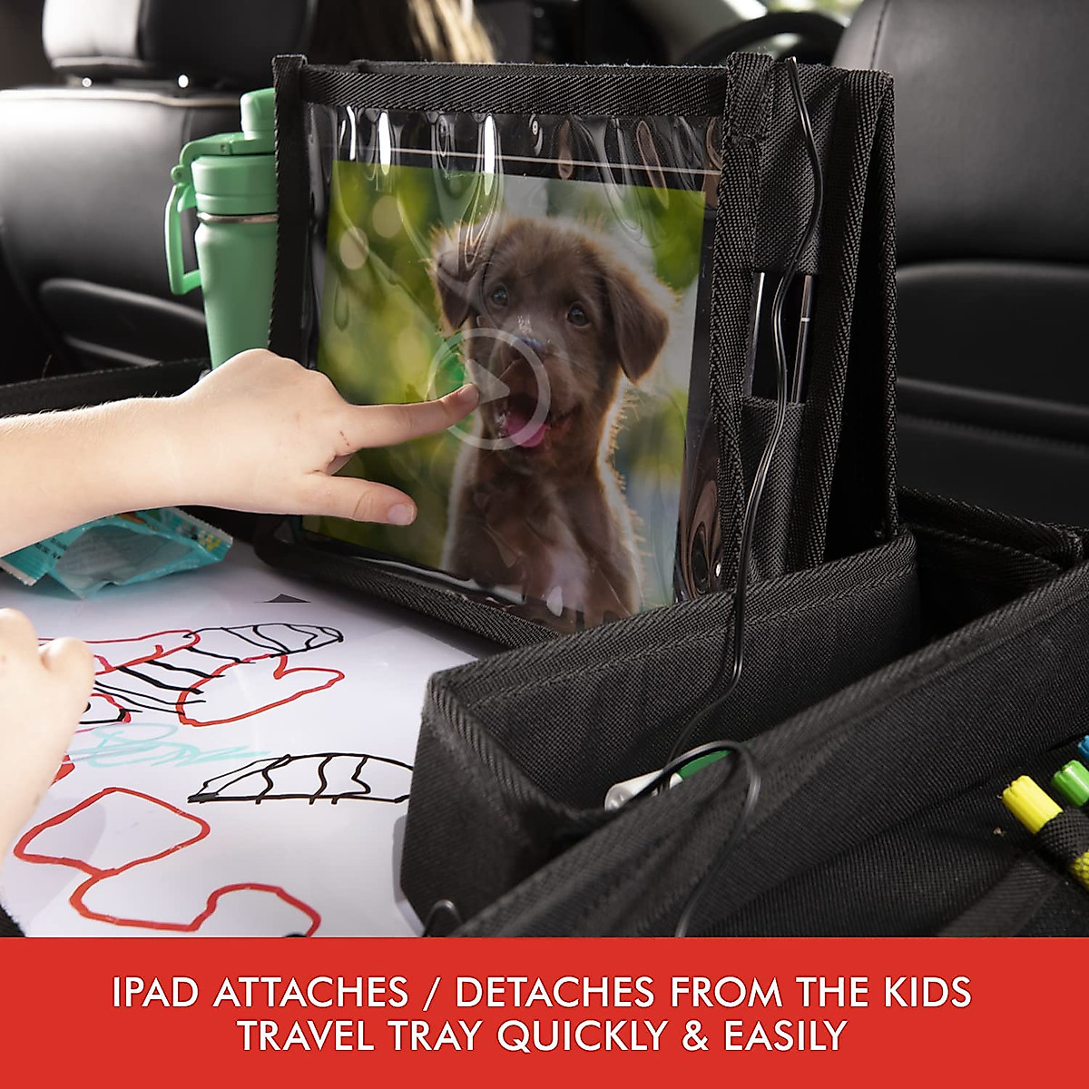 Lusso Gear Kids Travel Tray (Black) + Heavy Duty Car Seat Organizer (Black), Extra Large for Protection, Sag Proof & Reinforced Corners, Protects iPad & Backseat, 12 Versatile Car Seat Organizer Stora