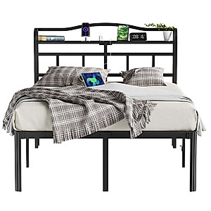 YORMDMO Queen Bed Frame - Storage Headboard with Charging Station, Easy Assembly, Heavy Duty Metal Bed Frame, No Box Spring Needed, 18 Inch, Black