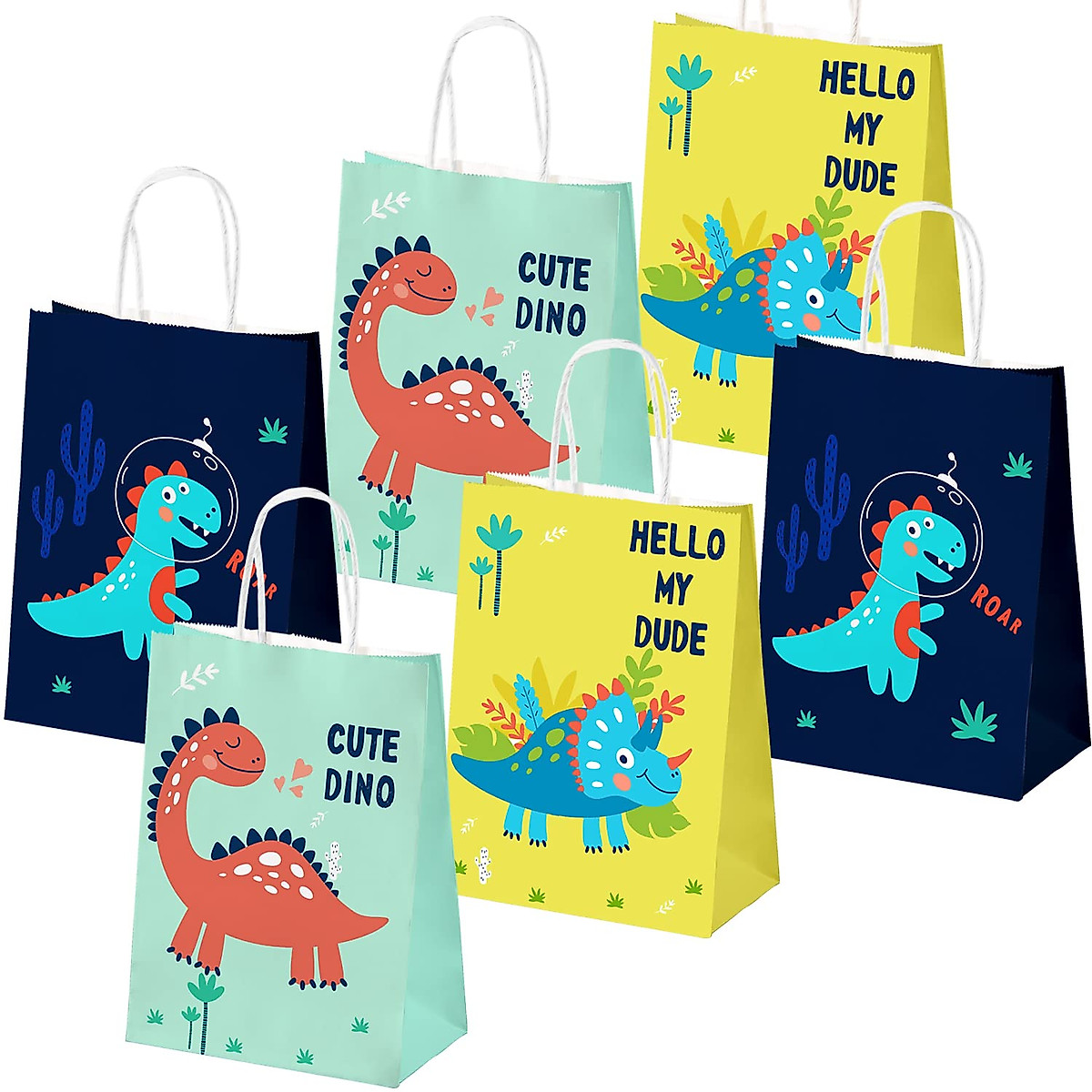 PINWATT 30Pcs Cute Dinosaur Gift Bags with Handles, 8.7 inches Small Paper Bags, Party Treat Favor Bags, Goodie Bags for Birthday, Baby Shower, Christmas, Halloween, Graduations,Party Supplies