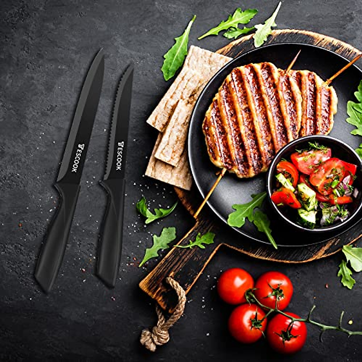 Knife Set, 16pcs Kitchen Knife Set High Carbon Stainless Steel, Chef Knife, 6 Serrated Steak Knives, Scissors, Peeler & Knife Sharpener with Acrylic Stand, Easy-Grip Handle, Rust-proof