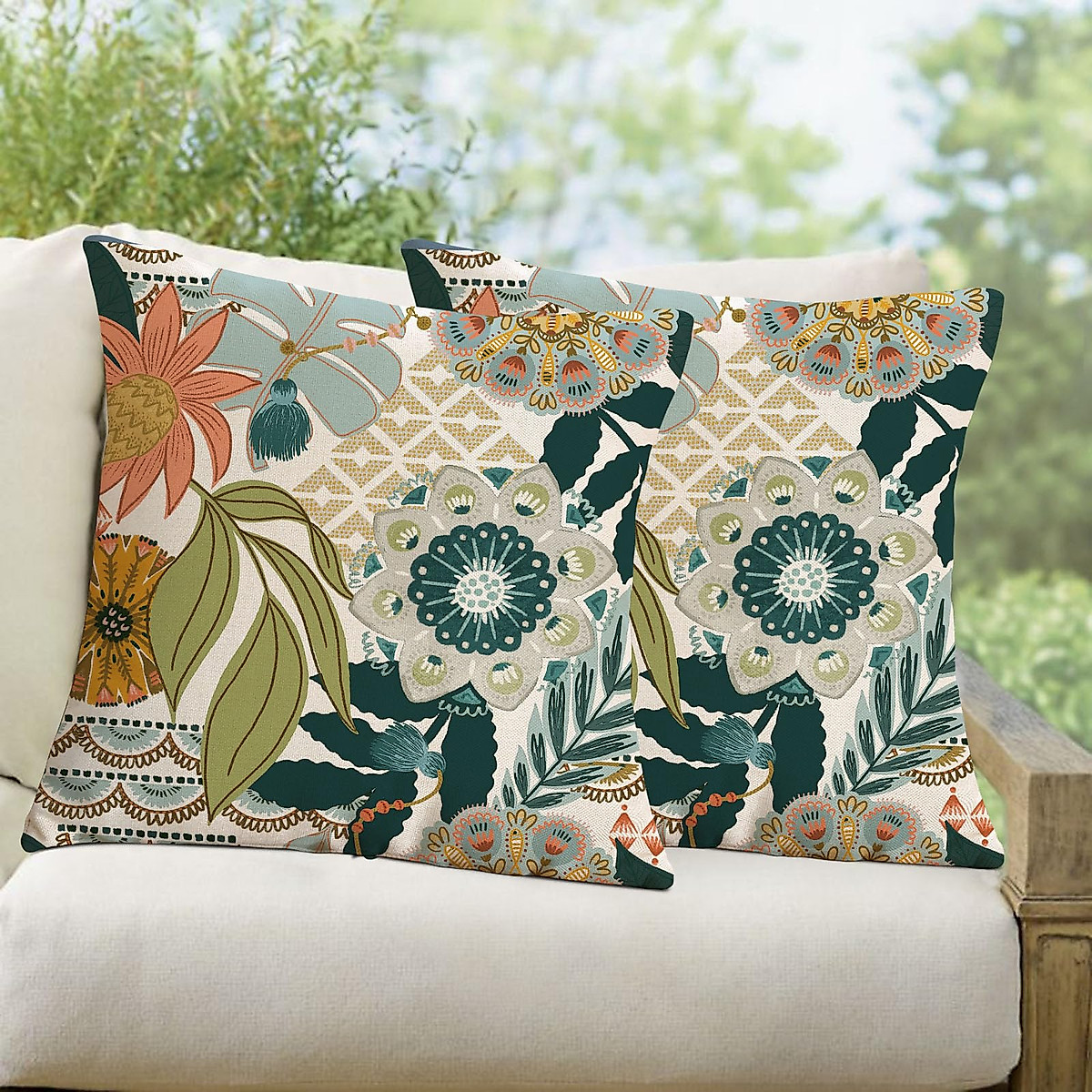 Jartinle Boho Flowers Leaves Outdoor Pillow Covers 16x16 Inch Set of 2 Waterproof Decorative Floral Square Outdoor Pillows for Patio Furniture Couch Bench Chair