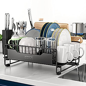 YASONIC Dish Drying Rack with Drainboard - Small Stainless Steel Dish Drainer with Swivel Spout - Dish Racks for Kitchen Counter- Rustproof Dish Rack with Removable Utensil Holder - Black