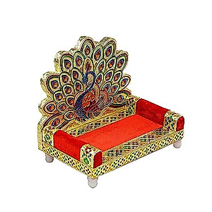 Laddu Gopal Meenakari Singhasan for Pooja Mandir,Peacock Swing Jhula for Idol Wooden Meenakari Singhasan Laddu Gopal Sinhasan for Pooja Mandir (Small Size)-(Golden, 15.5 x 10.5 x 15 cm)