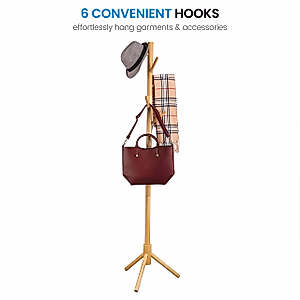 ZOBER Coat Rack Free Standing - Wooden Coat Tree W/ 6 Hooks - Coats, Purses, Hats - Adjustable Sizes, Easy Assembly - Natural