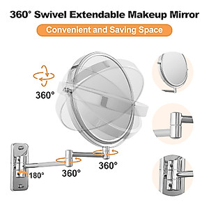 FFowcye 8” Wall Mounted Makeup Mirror - 1X/10X Double Sided Magnifying Bathroom Mirror, 360° Swivel Extendable Vanity Shaving Mirror with Adjustable Arm for Bathroom, Chrome（No Light）
