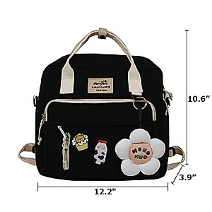 Tonecy Japanese Backpacks for Teen Girls for Middle School, Kawaii Backpack with Pins Kawaii School Backpack Cute Aesthetic Rucksack (Black 31x10x27cm)
