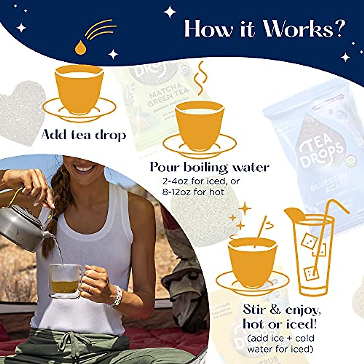 Tea Drops Lightly Sweetened Organic Tea Bulk Box | Matcha Green Tea | Iced or Hot Bagless Instant Tea Beverages Gift Set | Includes Premium Organic Japanese Matcha Powder | 10 Drops per Box