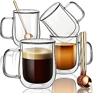 Comfome Double Wall Glass Coffee Mugs 12 oz, Clear Glass Coffee Mugs Set of 4,Double Insulated Glass Coffee Mug,Glass Mugs for Hot Beverages