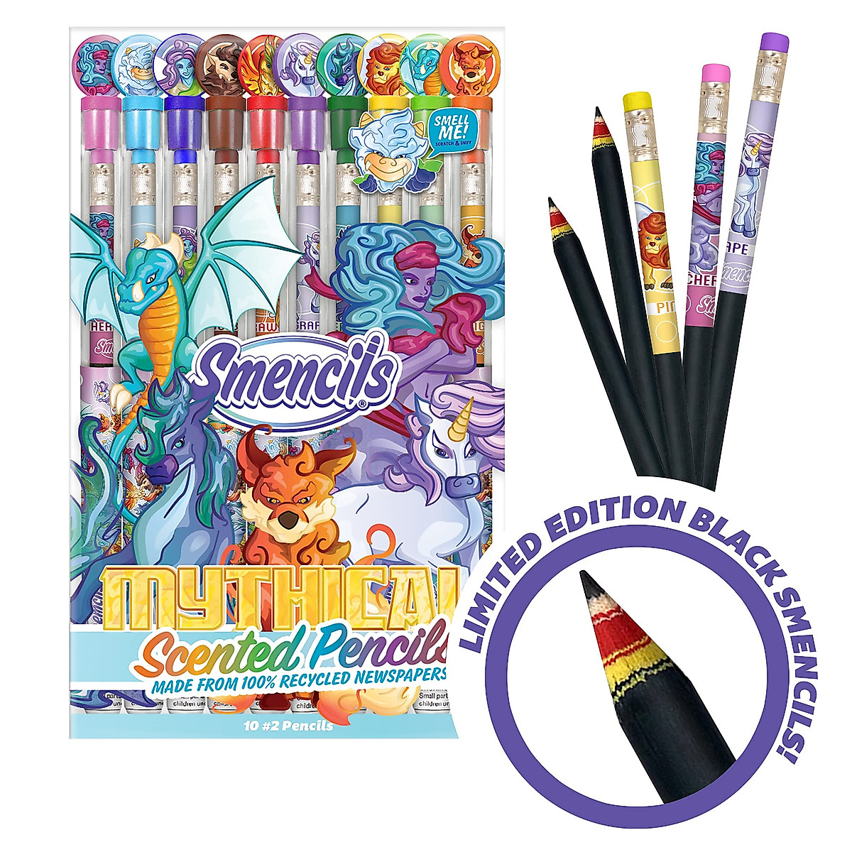 Mythical Smencils - Limited Edition - Patented Gourmet Scented Pencils (Graphite HB #2) with new Black Finish and Multi-layered Paper Construction, 10 Count - Gifts for Kids, Classroom Rewards