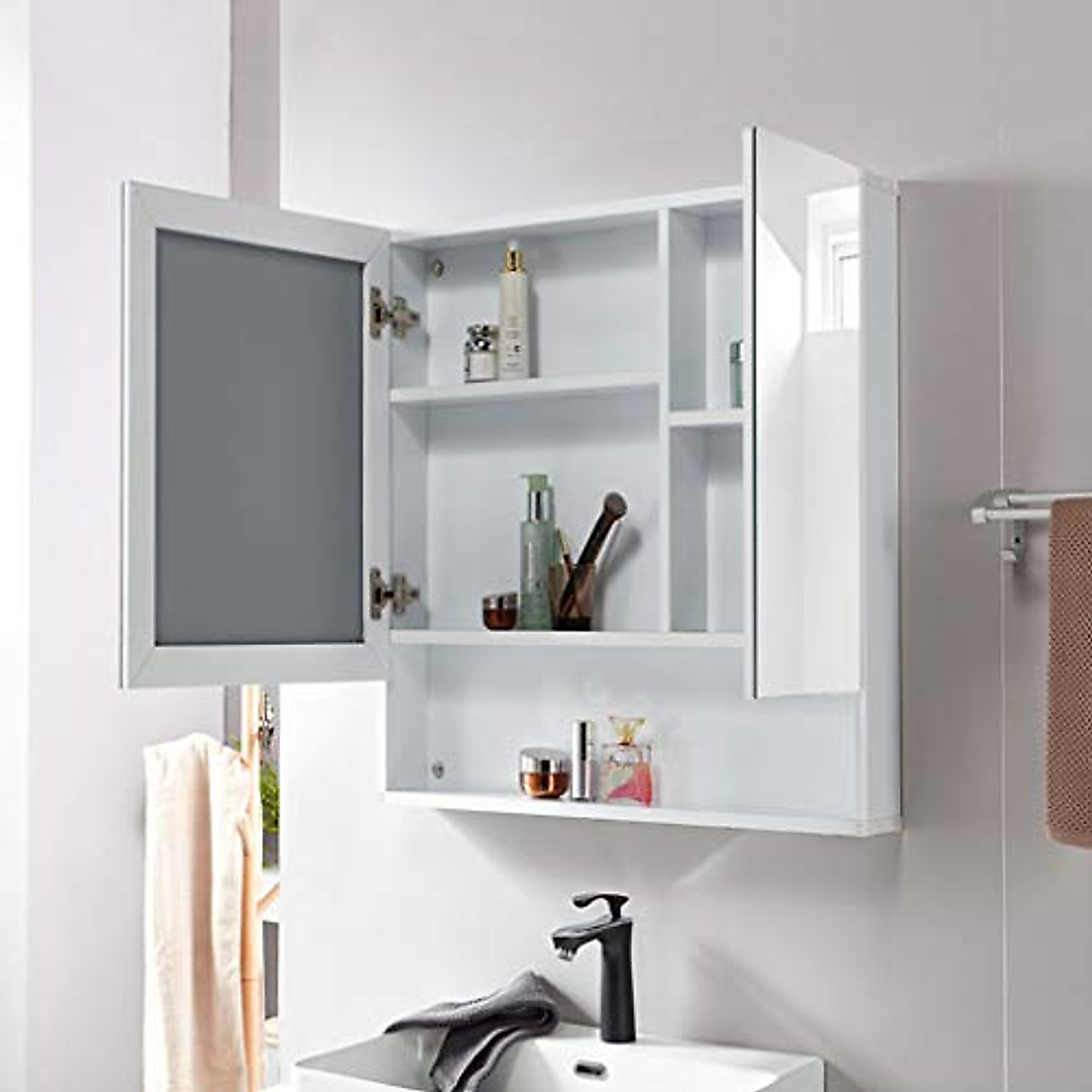 Peaceip Bathroom Mirror Cabinet Modern Simple Bathroom Cupboard Wall Mounted Bathroom Mirror Cabinet with Shelf, Space Aluminum Bathroom Storage Cabinet, Black & White