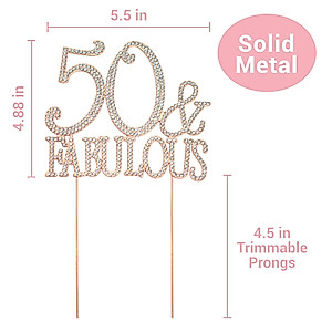 50 Cake Topper - Premium Rose Gold Metal - 50 and Fabulous - 50th Birthday Party Sparkly Rhinestone Decoration Makes a Great Centerpiece - Now Protected in a Box