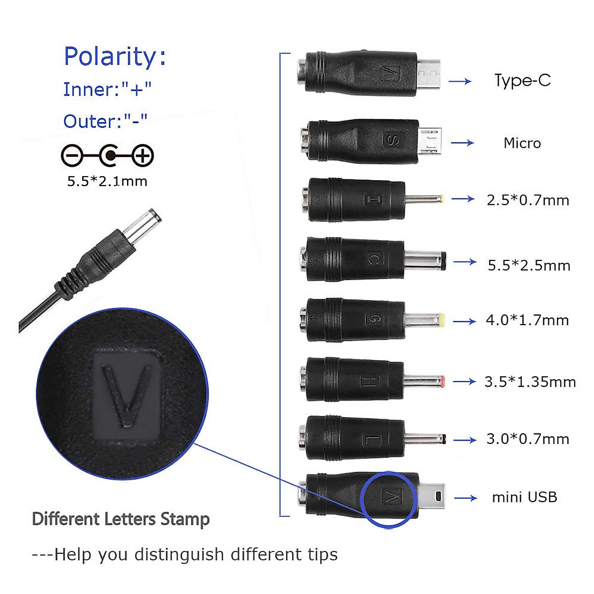 DC 5V 2A 2000mA Power Supply Cord Charger Multi Tips 10W AC Adapter with 8 Selectable Multiple Switching Connectors for TV Box LED Lights Strip Tablets Webcam Camera Speaker Router Transformer ect