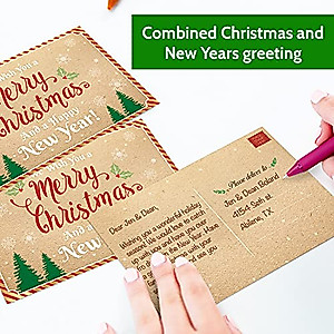 50 Christmas Postcards Bulk - Vintage Happy Holiday and Happy New Year Post Cards Set with Merry Christmas Season’s Greetings Message - Kraft Thank You Notes for Business, Office, Kids and more