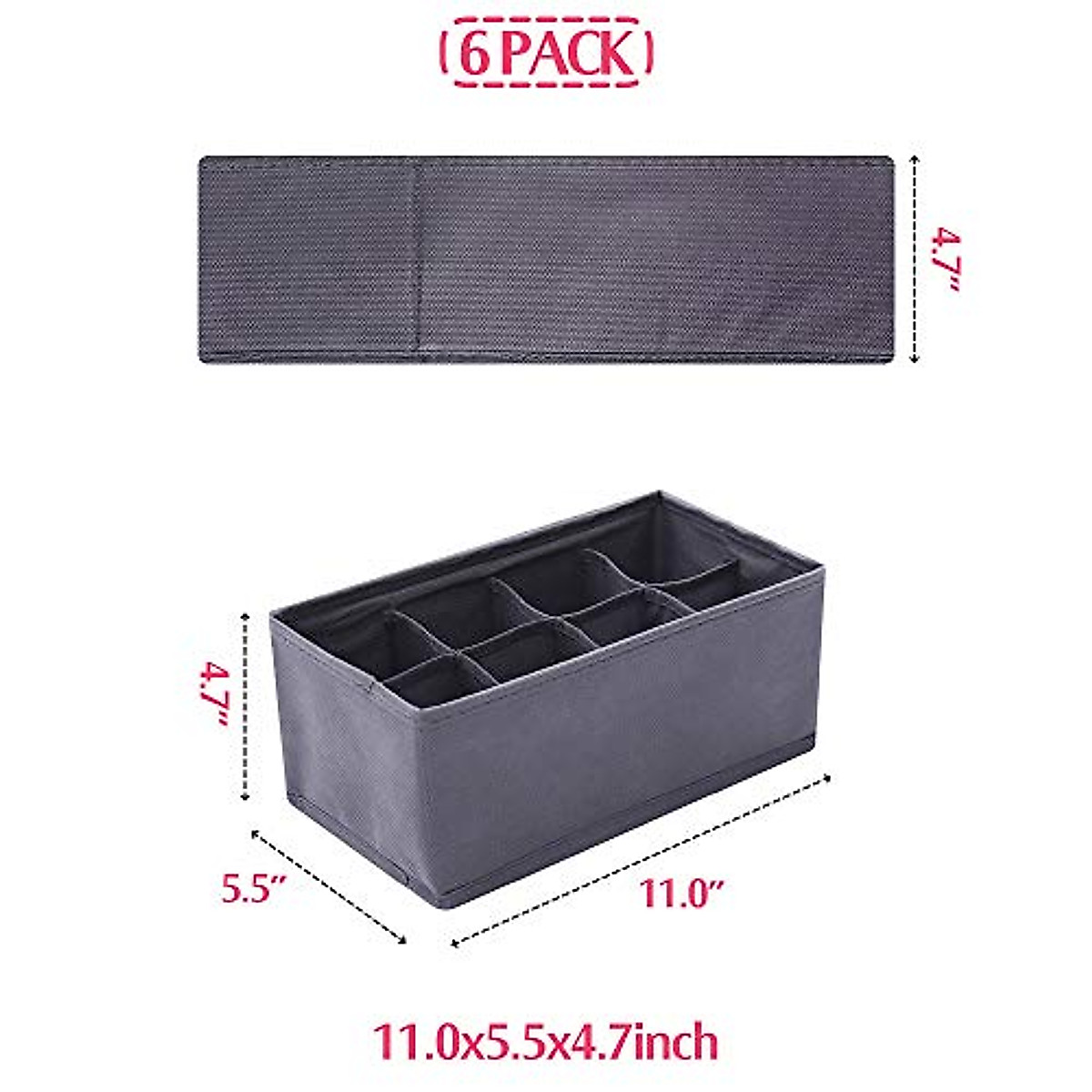 DIOMMELL 6 Pack Foldable Cloth Storage Box Closet Dresser Drawer Organizer Fabric Baskets Bins Containers Divider for Clothes Underwear Socks Lingerie Clothing, Dark Grey 00-0600