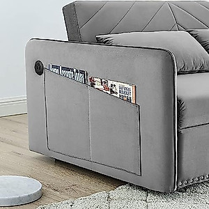 FULife 3-in-1 Convertible Sofa Pull-Out Sleeper,Adjustable Loveseat Futon Sofá Chair w/USB Charging Port,Reclining Backrests,Side Pockets&Pillows,Small Velvet 2 Seaters Lounge Couch, Gray Nailed Decor