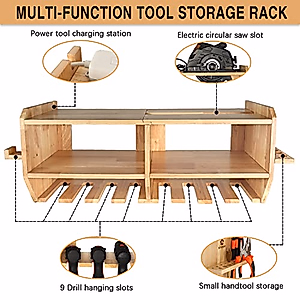 simesove Large Power Tool Organizer,Cordless Drill Holder Storage with 9 Tool Organizer Slots,Wall Mount Screwdriver and Circular Saw Storage,Solid Wooden Drill Charging Station for Garage,Father's Day Gifts
