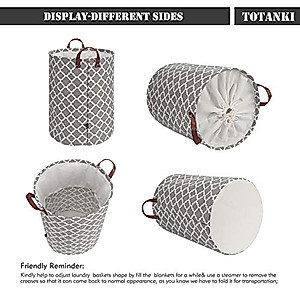 TOTANKI 48L Thickened Large Sized Laundry Basket with Durable Leather Handle, Drawstring Round Cotton Linen Collapsible Storage Basket,Dirty Clothes Hamper for Bedroom (Gray, L)