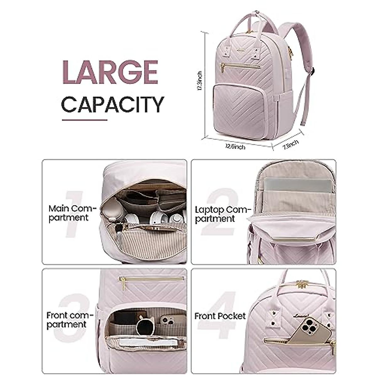 LOVEVOOK Laptop Backpack for Women, Large Capacity Travel Backpack with Luggage Strap, Stylish Women Backpack with USB Port, Quilted Work Backpack for College Business 15.6 Inch, Light Dusty Pink
