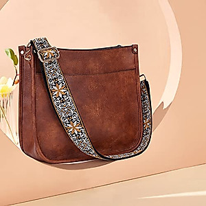 HKCLUF Crossbody Bags for Women Designer Vegan Leather Hobo Handbags With 2 Adjustable Boho Embroidery Guitar Strap Crossbody Bucket Purse(Dark Brown)