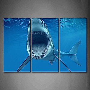 Big Shark Near Sea Surface Open Mouth in Blue Sea Wall Art Painting The Picture Print On Canvas Animal Pictures for Home Decor Decoration Gift