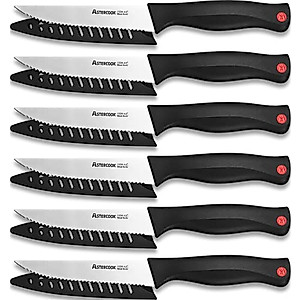 Astercook Steak Knife, Steak Knives Set of 6 with Sheath, Dishwasher Safe High Carbon Stainless Steel Steak Knife with Cover, Black