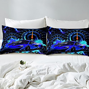 Feelyou Kids Blue Race Car Bedding Set Twin Size, Speed Sports Car Bed Sheet Set Boys Girls for Racing Car Fitted Sheet Extreme Sports Bed Cover Bedroom Decor with 1 Pillow Case (No Flat Sheet)