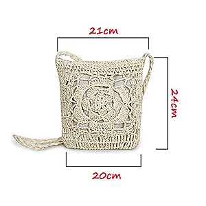 Qoyntuer Woven Straw Messenger Knitted Bag,straw Shoulder Bag Women's Handwoven Crossbody Handbag Cotton Crochet Shoulder Purse Handmade Flower Beach Storage Bag Summer Beach Shoulder Handbag (Beige)