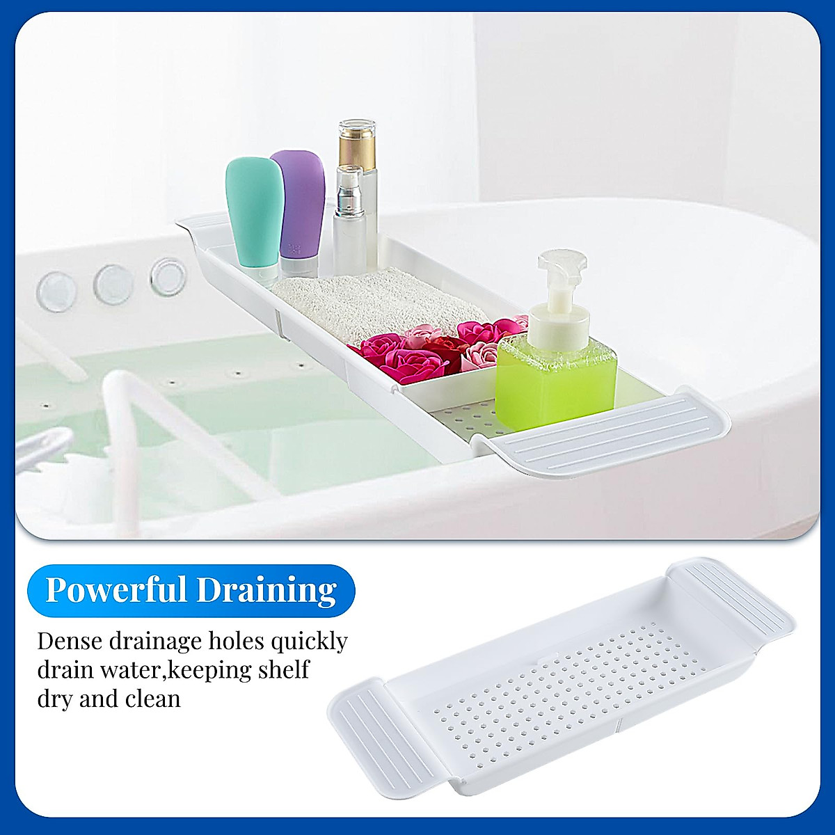HOMEE Expandable Bathtub Caddy Tray, Plastic Drain Bath Tub Tray Table, Bath Caddy Tray for Bathtub, Adjustable Bath Shelf Tub Board Organizer Trays for Bathroom and Kitchen(White)