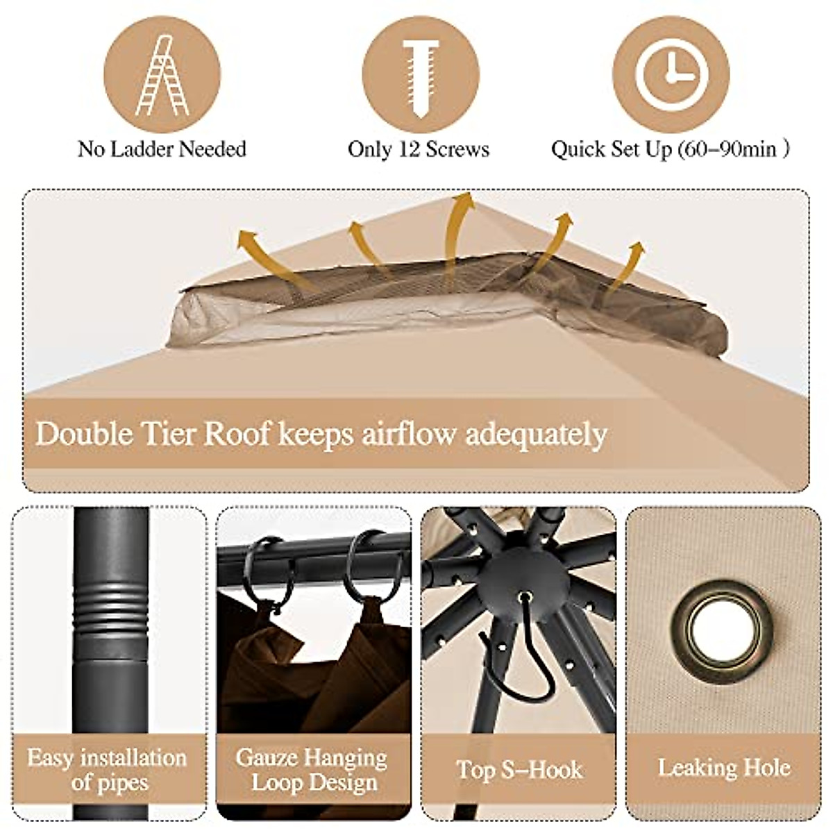 CHARMELEON Gazebo 10x10, Outdoor Gazebo with 4 Sandbags, Double Vented Roof Gazebo with Screen Netting Walls, Waterproof Patio Canopy for Deck, Party & Backyard (Khaki)