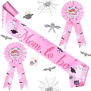 JOYMEMO Pink Halloween Baby Shower Decorations, Mom to Be & Dad to Be Badge, Mom to Be Sash for Daddy and Mommy Halloween Baby Shower Party Favors, Gender Reveal Party Supplies