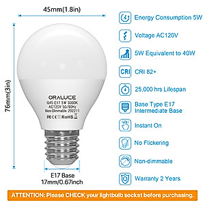 ORALUCE E17 LED Bulb 5 Watts Warm White 3000K, 40W Equivalent A15/G45 Globe Ceiling Fan Light Bulbs, 500 Lumens Non-Dimmable, 6 Pack