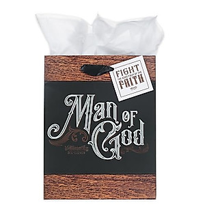 Christian Art Gifts Medium Portrait Scripture Gift Bag, Tag & Wrapping Tissue Paper Set for Men: Man of God, Matted, Satin Handles, Black/Brown/Silver